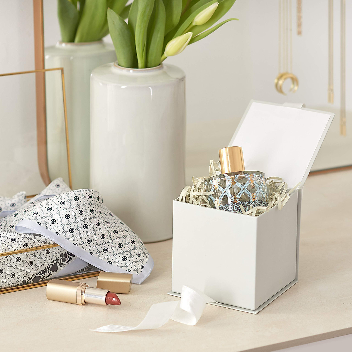 Hallmark 4" Small Gift Box with Bow and Shredded Paper Fill (Off-White) for Weddings, Graduations, Christmas, Bridesmaids Gifts