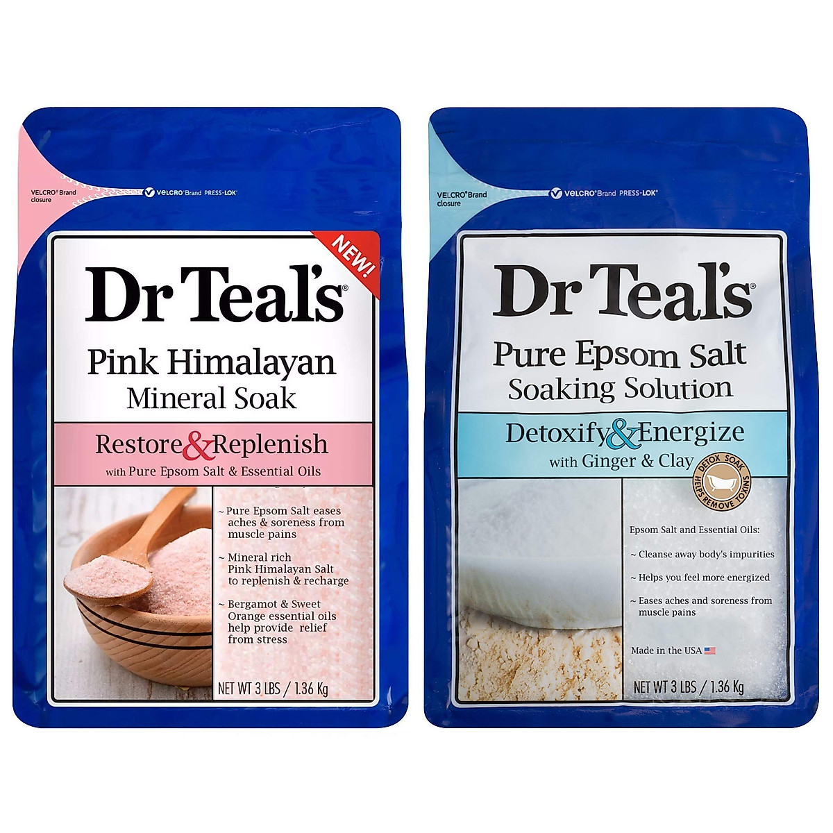 Dr. Teal's Pure Epsom Salt Bath Variety Gift Set (2 Pack, 3lbs Ea.) - Restore & Replenish Pink Himalayan, Detoxify & Energize Ginger & Clay - Essential Oils Remove Toxins 7 Help Alleviate Daily Stress