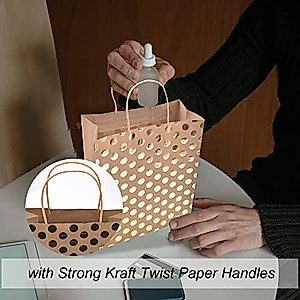 24Pcs 10x12x5" Gold Foil Large Kraft Brown Paper Gift Bags Bulk with Handles,Hotstamp Stripes and Dots,Party Favor/Shopping/ Wedding/Retail/Merchandise/Graduation/Takeouts Craft Bags (Large, brown-2side foil) (Large)