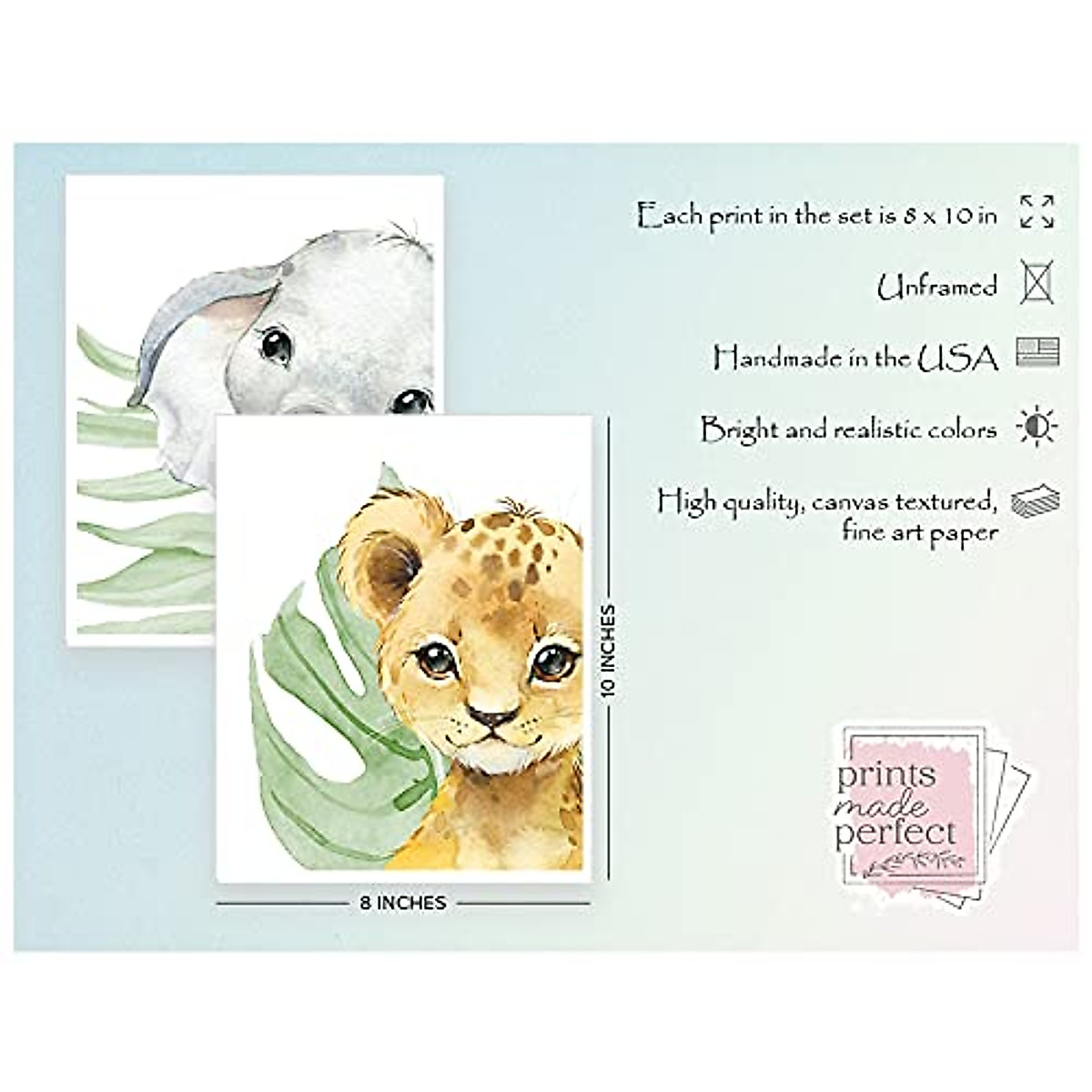 Baby Safari Animals Wall Art Prints - Nursery Decor - Set of 6-8x10 - Jungle Animal Pictures - Unframed - Watercolor