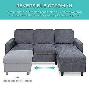 Best Choice Products Linen Sectional Sofa for Home, Apartment, Dorm, Bonus Room, Compact Spaces w/Chaise Lounge, 3-Seat, L-Shape Design, Reversible Ottoman Bench, 680lb Capacity - Blue/Gray