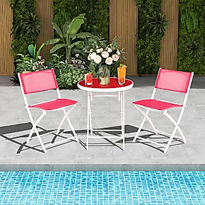 HAPPYGRILL 3 Pieces Patio Folding Bistro Set, Outdoor Foldable Chair & Table Set with Breathable Fabric, Tempered Glass Tabletop, Small Conversation Furniture Set for Porch Balcony Poolside Yard