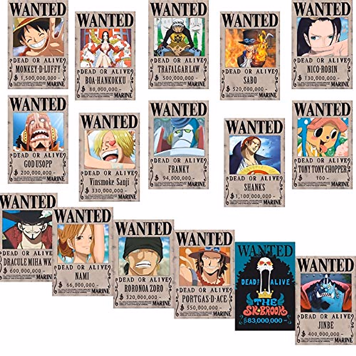 Bamboo's Store OP Wanted Posters, Anime Posters 42 cm × 29 cm, New Edition, Luffy 1.5 Billion, Zoro 320 Million, Set of 16