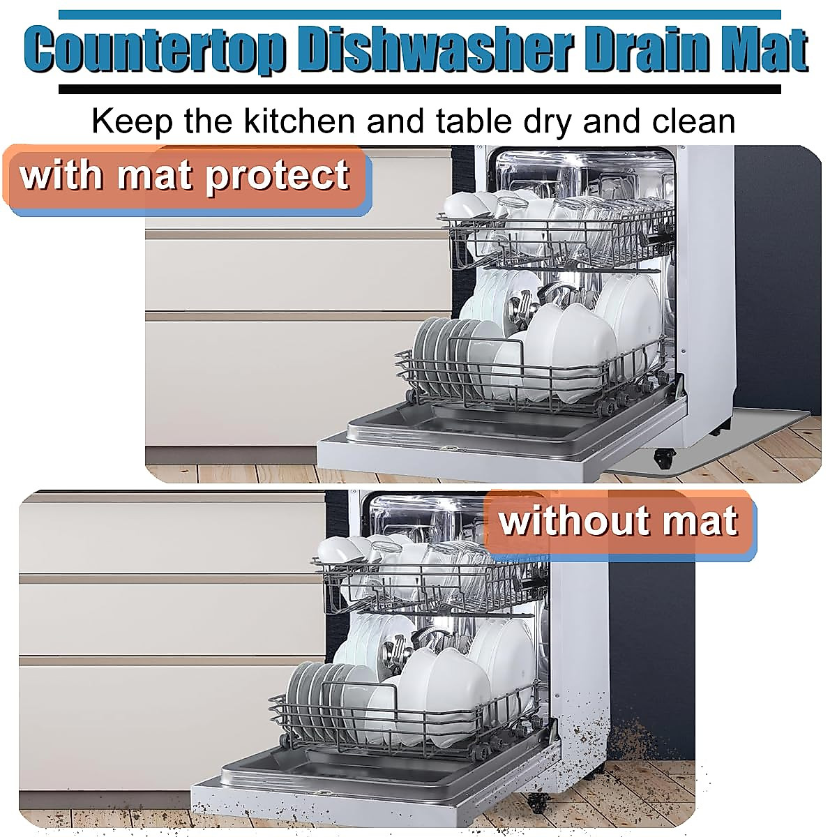 Dishwasher Drain Pan Mat, Portable Dishwasher Silicone Mat with Raised Edge, Small Dishwashers Drip Pan Dishwashers Tray for Leaks, Non-Slip Waterproof Protector Pad, 23.6''x23.6''