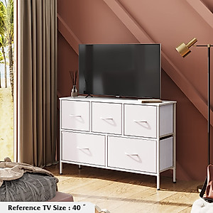 WLIVE Dresser with 5 Drawers, Dressers for Bedroom, Fabric Storage Tower, Hallway, Entryway, Closets, Sturdy Steel Frame, Wood Top, Easy Pull Handle (White)