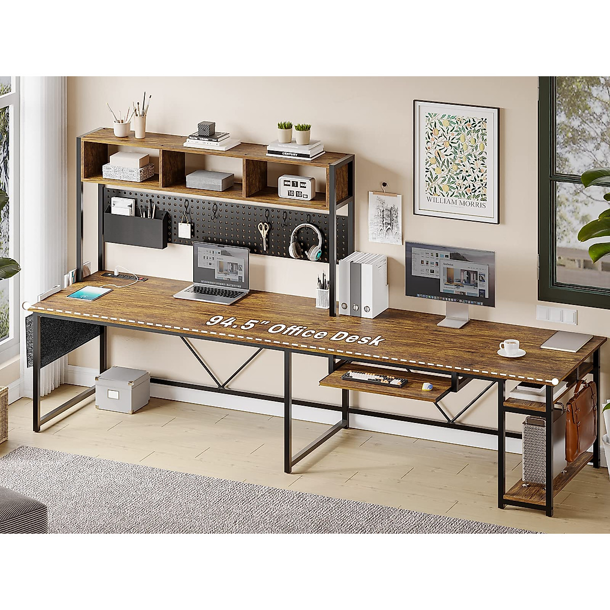 SEDETA L Shaped Computer Desk, Reversible Corner Desk with Power Outlet and Pegboard, Computer Desk with Led Lights, Keyboard Tray, Headphone Hook and Storage Shelves, Rustic Brown