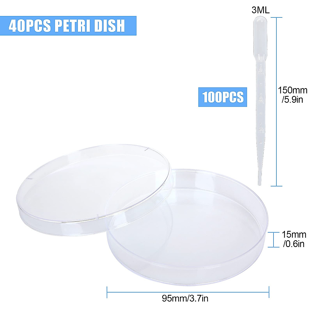 40Pack Plastic Petri Dishes Set, 4 Inch Culture Dish Plates with Lids, Clear Culture Plates with 100Pcs 3ml Transfer Pipe for School Studies, Science Projects, Art Projects