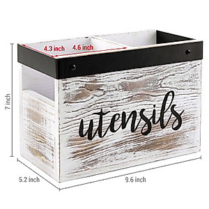 MyGift White Washed Solid Wood Kitchen Utensil Holder with Black Metal Rim Accent and 2 Compartments, Countertop Buffet Flatware Holder with Utensils Cursive Design
