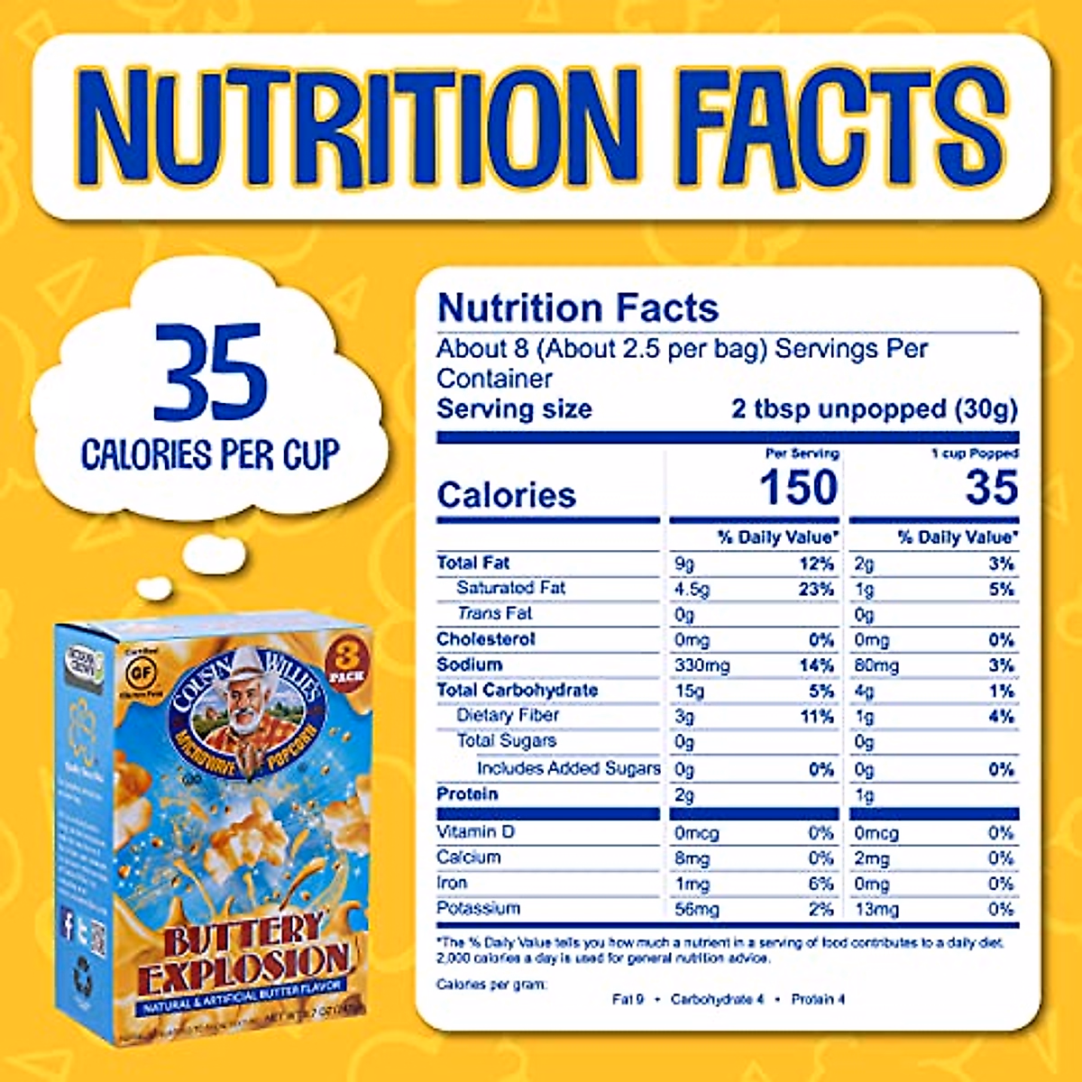 Cousin Willie's Microwave Popcorn Bags, Buttery Explosion (4 Boxes, 12 Bags), Gourmet Popcorn Boxes for Party, Whole Grain Popcorn, Gluten Free, Low Calorie Healthy Snack, Made in USA, non-GMO