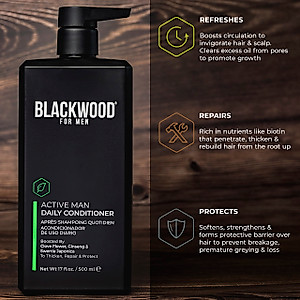 Blackwood For Men Active Man Daily Conditioner - Men's Thickening Conditioner for Hair Loss & Dandruff - Deep Treatment for Shine - Natural Vegan Formula - Sulfate, Paraben, & Cruelty-Free (17 Oz)