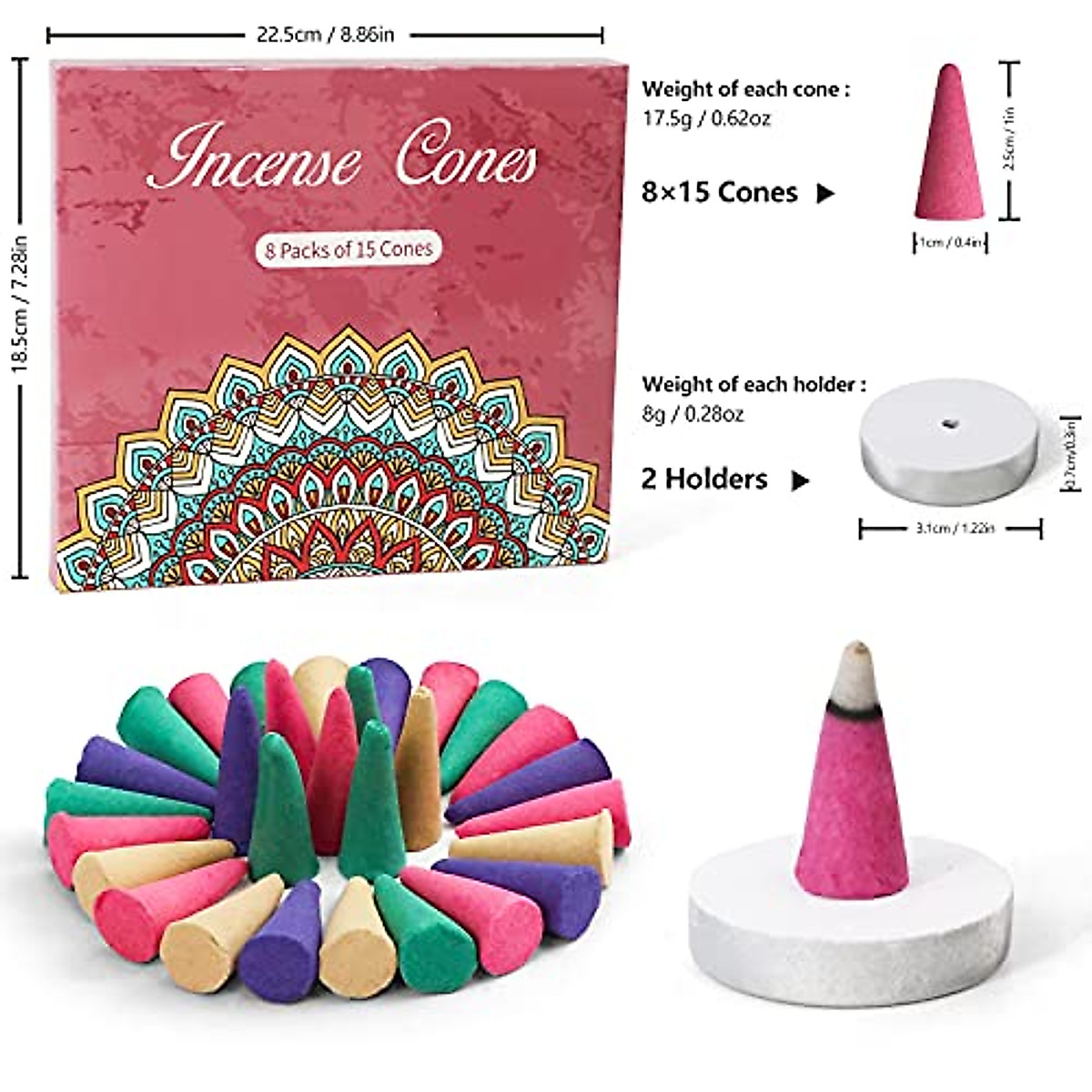 Incense Cones, Assorted Scented Incense Cones with Holder, Incense Gift Set for Mothers Day, Rose, Sage, Lavender, Violet, Cinnamon, Eucalyptus, Sandalwood, Rain Forest, 120 Cones Total