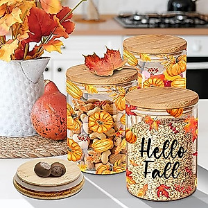 Fall Decor 3 Pack Glass Storage Jars with Airtight Bamboo Lid-Hello Fall Pumpkin Canisters Sets for Kitchen Countertop Autumn-Clear Fall Glass Storage Jars for Coffee Bean, Cookie, Candy, Tea, Flour