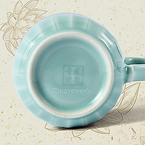 Tingyework Porcelain Lotus Tea Cup with Lid and Handle, 12 oz Unique Coffee Mug, Microwave Dishwasher Safe, Gifts for Women and Men, Aesthetic Chinese Celadon 1 Pack (Sky Blue)
