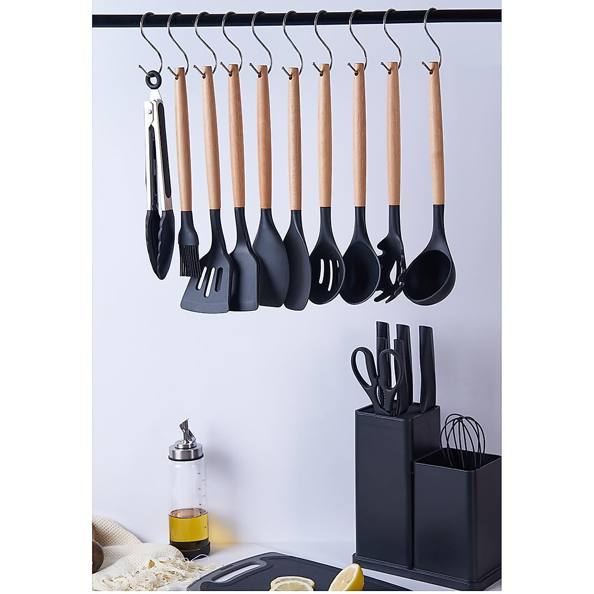19 Pcs Kitchen Cooking Utensil & Knife Set/Wooden Handles, Heat Resistant Cookware with Staninless Steel Knives Cutting Board Storage Holder, Silicone Spatula Spoon Gadgets Set
