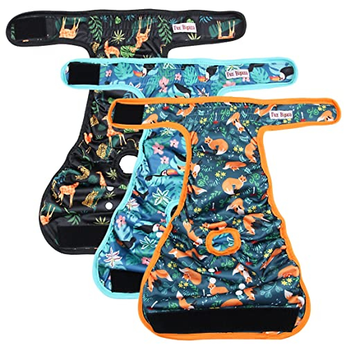 Fuz Bigaza Washable Dog Diapers (3 Pack), Reusable Dog Diapers for Doggie Heat Period, Reusable Doggie Diaper for Female Dogs (Giraffe, Tucan, Fox, Medium)