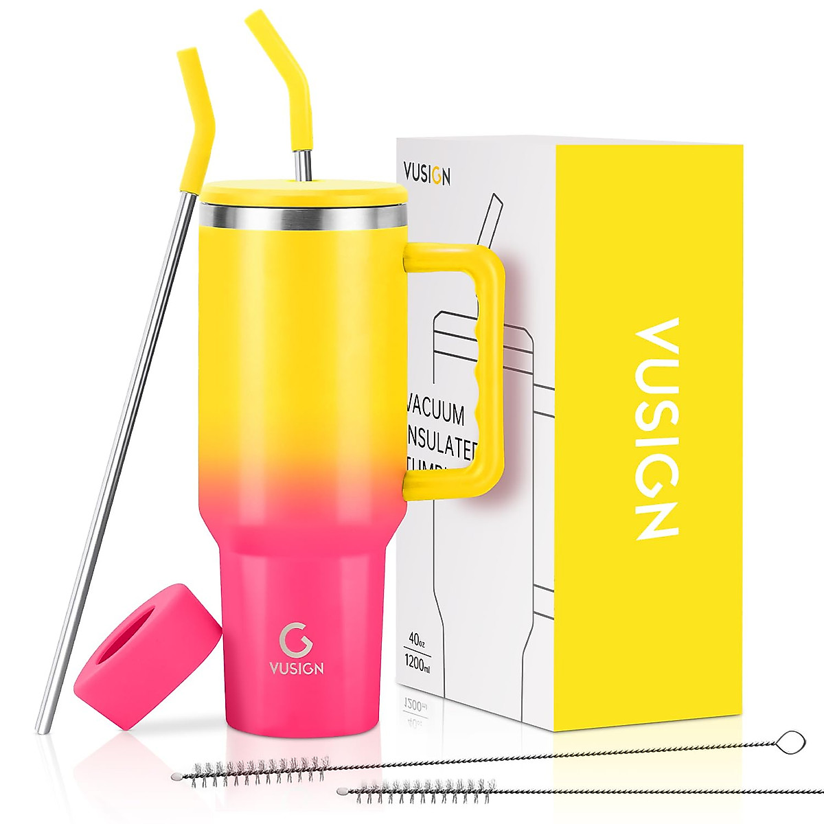 VUSIGN 40 oz Tumbler with Handle and Straw Lid, Stainless Steel Vacuum Insulated Tumbler Travel Mug Water Bottle Cup for Water Iced Tea Coffee Smoothie Car, Red-Yellow Mixed