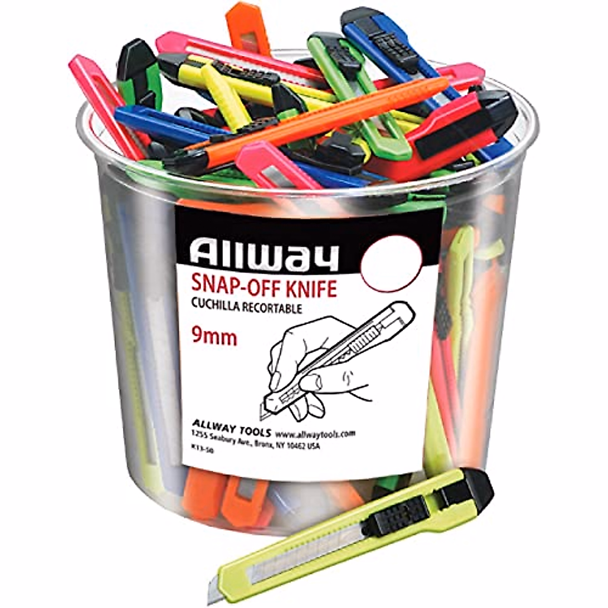 ALLWAY K13-50 Retractable 9mm Snap-Off Knife, Neon, 50 Pack