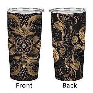 FHENMSA Stainless Steel Insulated Travel Coffee Mug,Black And Golden Pattern Print Reusable Car Cup,Thermal Cup for Outdoor with Straw And Lid