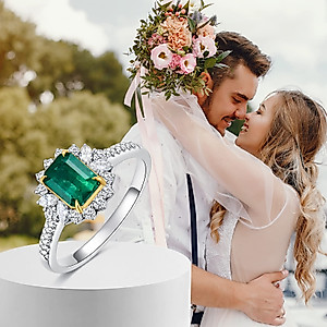 MOLICACI 18K Solid White Gold 1.1 CT Natural Green Emerald Rings with Natural Diamonds, Certified Gemstone Engagement Wedding Rings for Women, US Size 9