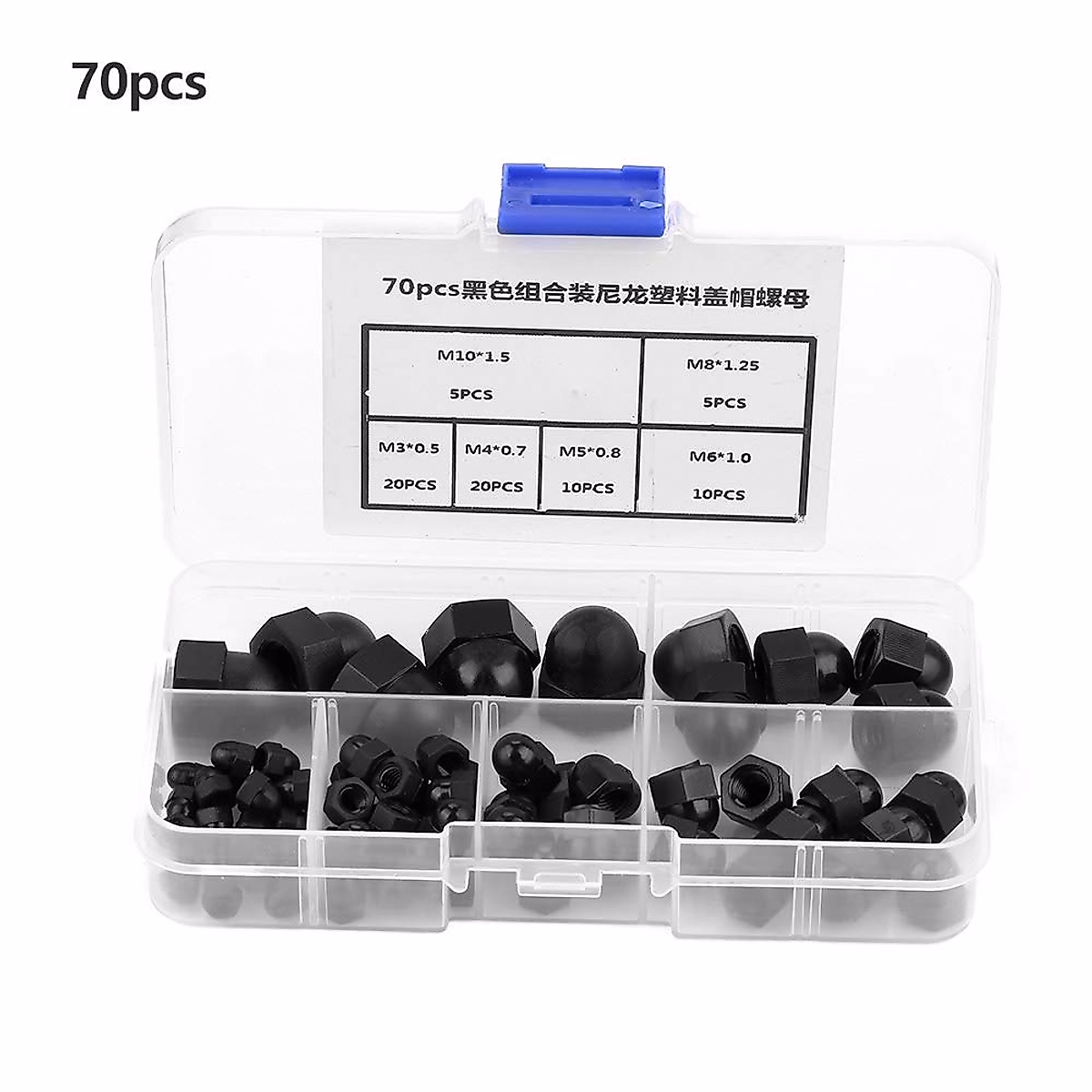 Dome Nut, 70Pcs Black White (Optional) Nylon Dome Head M3 M4 M5 M6 M8 M10 Hex Nuts Acorn Nut Kit, with Plastic Box(black)
