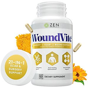 Zen Nutrients WoundVite Pre & Post Surgery Support, Scar & Wound Care, Scar Treatment, Plastic & General Surgery, Heal Faster & Aids in Recovery Time w/ Bromelain, Turmeric & Arnica - 60 Vegan Caps