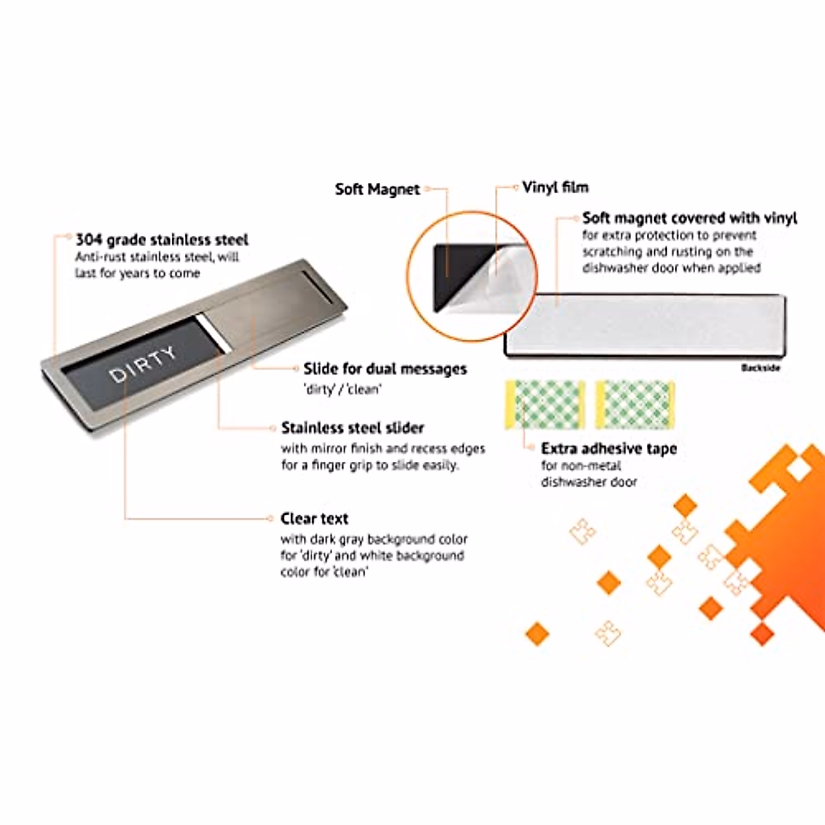 Kubik Letters Premium Dishwasher Magnet Clean Dirty Sign - Stainless Steel Grade 304 Dishwasher Magnet - Clean Dirty Magnet for Dishwasher - Dirty Clean Dishwasher Magnet, Dishwasher Clean Dirty Sign