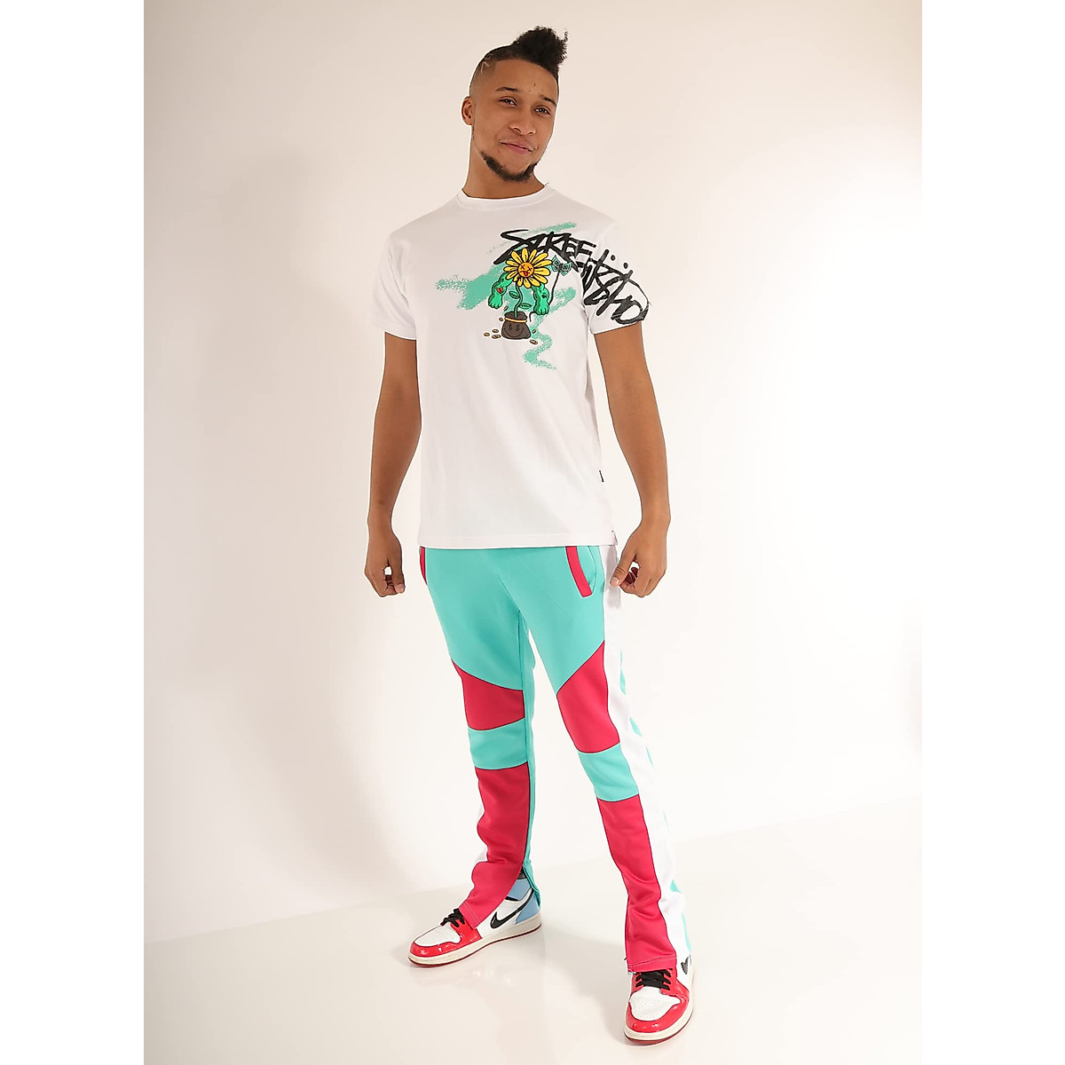 SCREENSHOT-S11302 Mens Hip-Hop NYC Streetwear Ultra Premium Quality Tee - Urban Varsity Graffiti Budybuilding Sunflower Patch Embroidery Gel Print T-Shirt-White-Small