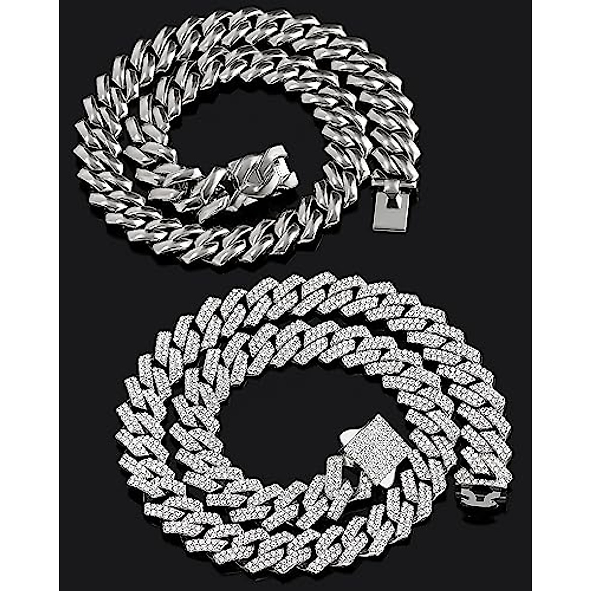 WKTYCCT 2pcs Cuban Link Chain for Men Women Iced Out Miami Cuban Necklaces Gold Silver 14mm Cuban Chain Necklace Sets Diamond Hip Hop Jewelry Gift (Silver, 16inch+18inch)