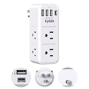 EyGde Multi Plug Outlet Extender Surge Protector 1700J, Wall Power Strip with Rotating Plug & 4 USB Charging Ports (1 USB C), 3 Side Swivel Outlet Splitter with 6 Spaced Sockets for Home Office Travel