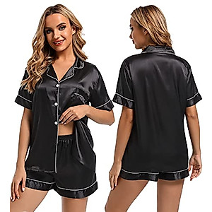 Finvizo Womens Silk Satin Pajamas Set: Soft Short Sleeve Two-piece Pjs Silky Button-down Sleepwear Loungewear Shorts Set,Black XXL