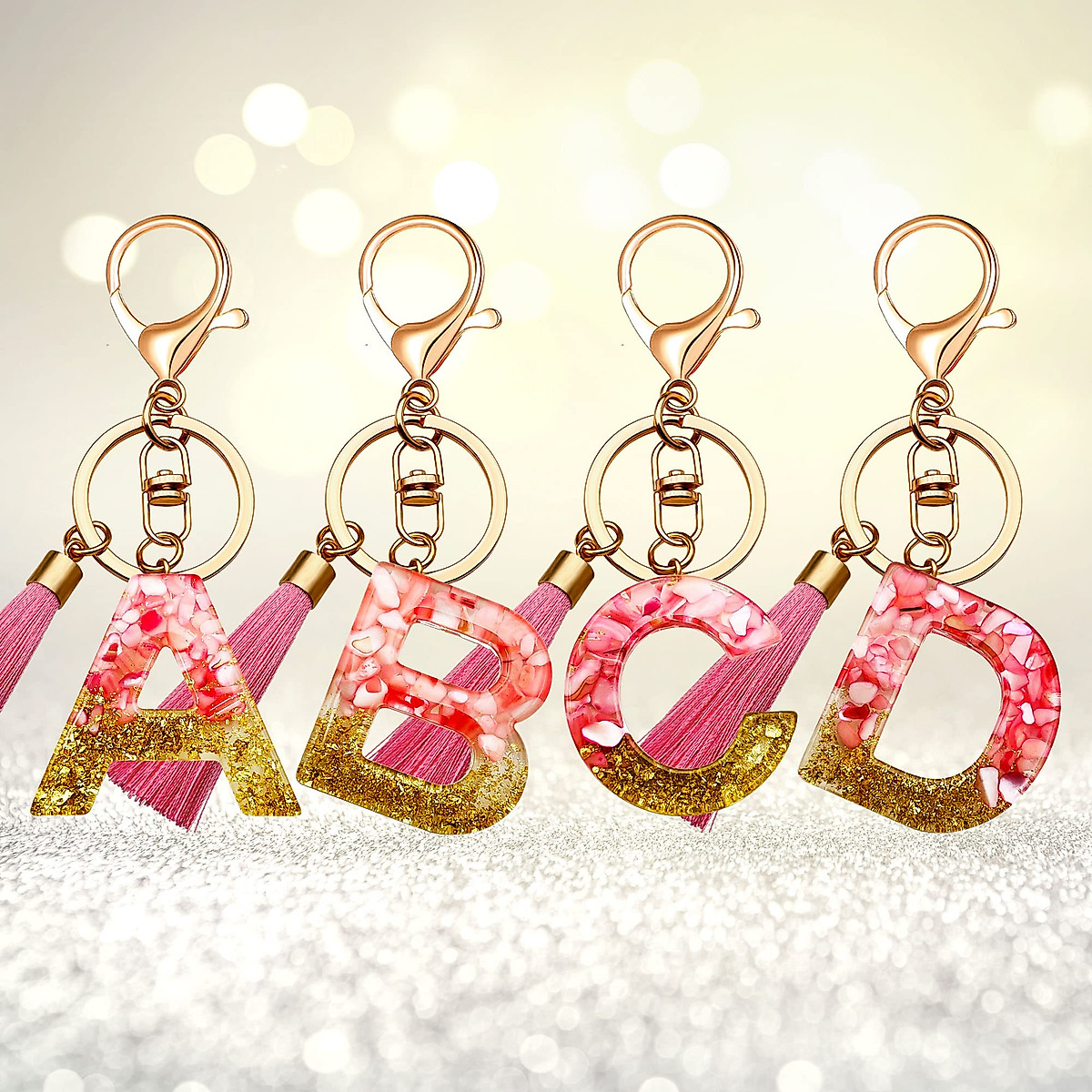 Letter Initial Keychains for Women Tassel Bling White Pink Cute shiny Keychain for Car key Backpack Purses Wallet (Pink Tassel A)
