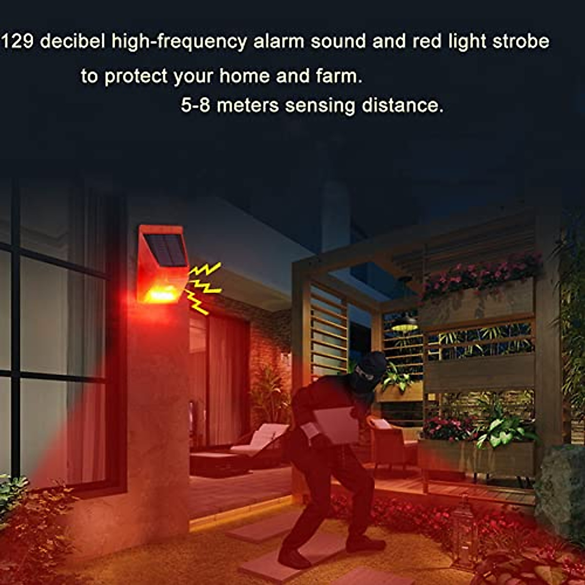 Aolyty Solar Warning Light with Motion Detector Remote Control, IP65 Waterproof Solar Alarm Light 4 Work Modes 129db Sound Security Siren Light for Home, Farm, Barn, Villa, Yard, Hacienda