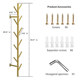 Omsaca Wall Mounted Coat Rack, Hat Tree For Wall, Modern Metal Wall Clothes Rack, Purse Rack With 11 Hooks, Space Saving And Easy Installation, Suitable For Living Room, Bedroom, Entryway-Tree Golden