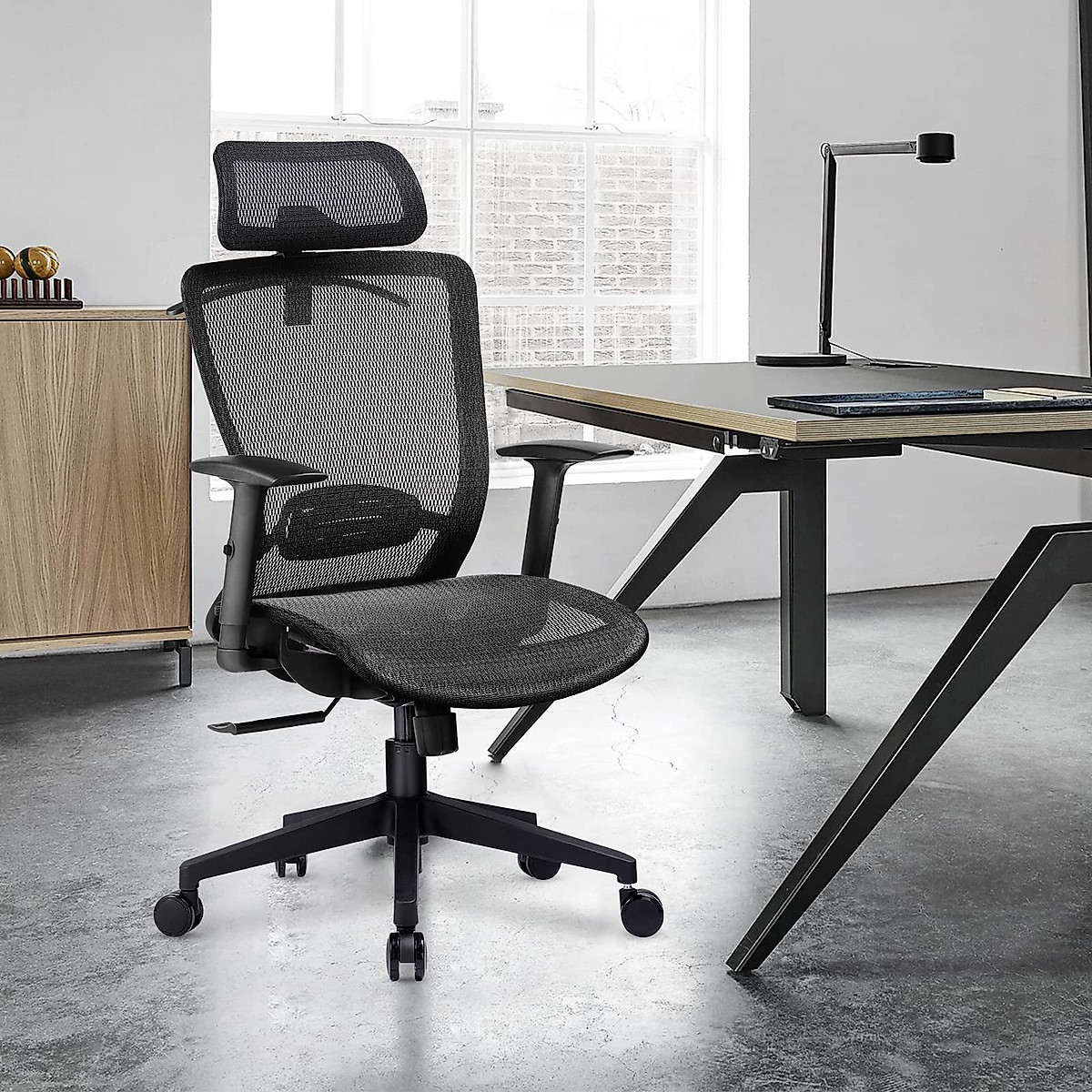 COMHOMA Ergonomic Executive Mesh Office Chair, Mesh Seat Computer Task Chair Swivel Height Adjustable Headrest Armrest Lumbar Support Caster Wheels Black