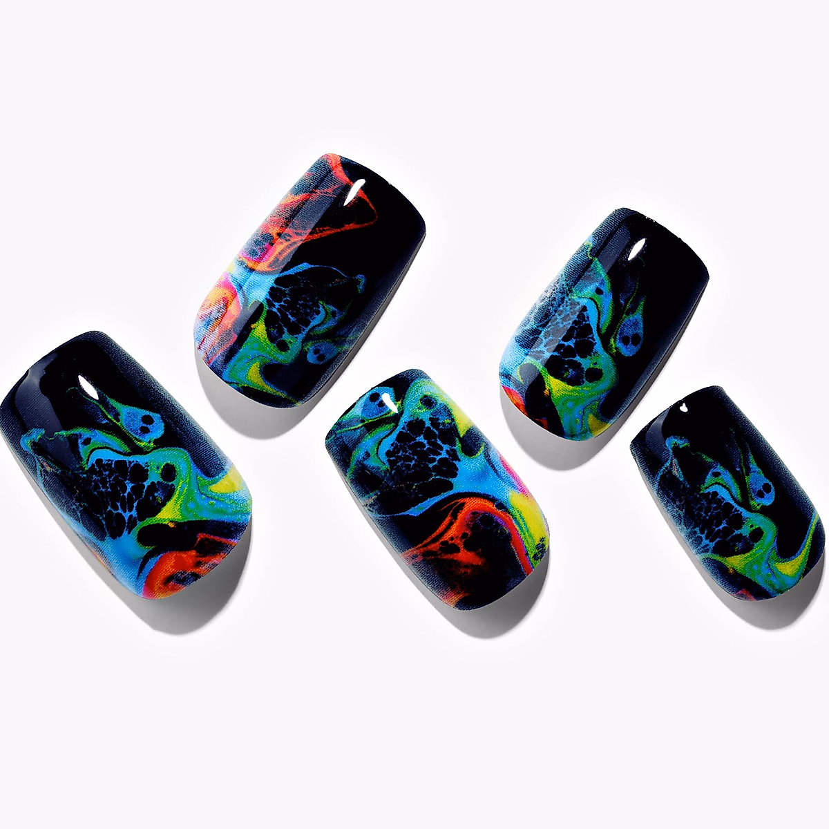 GLAMERMAID Black Press on Nails Medium Square, Tie Dye Gothic Fake Nails Tips Short Square, Ombre Color Oil Paint Glue on Nail Summer Glossy Gel Set, Reusable Acrylic False Nail Manicure Kit for Women