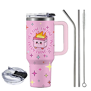 NIAXAUYT Funny Gifts for Women, 40oz Dumpster Tumbler with Handle, Pink Office Desk Accessories, Birthday Christmas Gifts for Coworkers Friends, It's Fine Everything Is Fine Mug