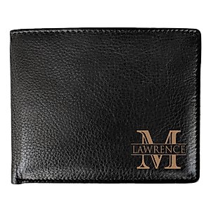 Corner Monogram Initial Engraved Personalized One Black Wallet Personalized Men's Bifold Leather RFID Blocking Wallet for Groomsman Best Man Wedding Party Gift