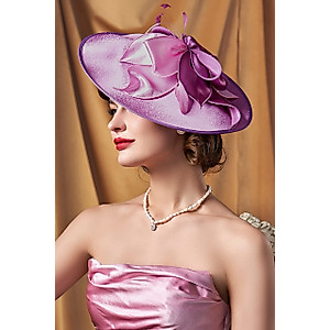 BABEYOND Derby Hats for Women - Fascinators Tea Party Hats Headband Wide Brim Fascinator Wedding Cocktail Flower Feathers Light Purple