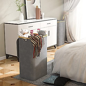 Homykic Laundry Basket with Lid, 97L Large Hamper Clothes Storage Basket with Bamboo Handles, Foldable Tall Laundry Organizer for Dorm, Bathroom, Bedroom, Clothing, Blanket, Light Grey