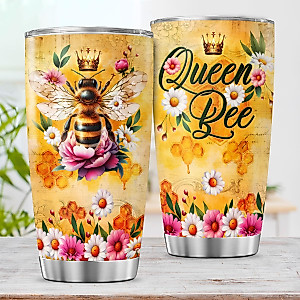 HUBUPU Queen Bee Floral, Tumbler 20 Oz With Lid And Straw, Bee Gifts, Flower