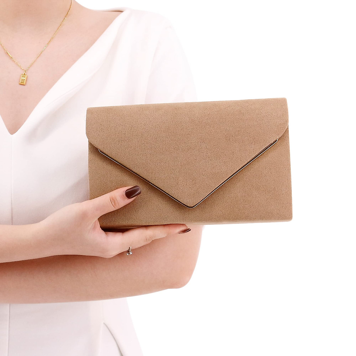 jascaela Women's Faux Suede Evening Clutch Handbags Envelope Evening Purses for Wedding Cocktail Prom Party - Camel