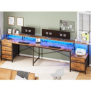 SEDETA L Shaped Desk with 6 Drawer, 108" Home Office Desk with File Drawer & Power Outlet, Corner Computer Desk with Monitor Shelf, Two Person Desk, Gaming Desk with Led Lights, Rustic Brown