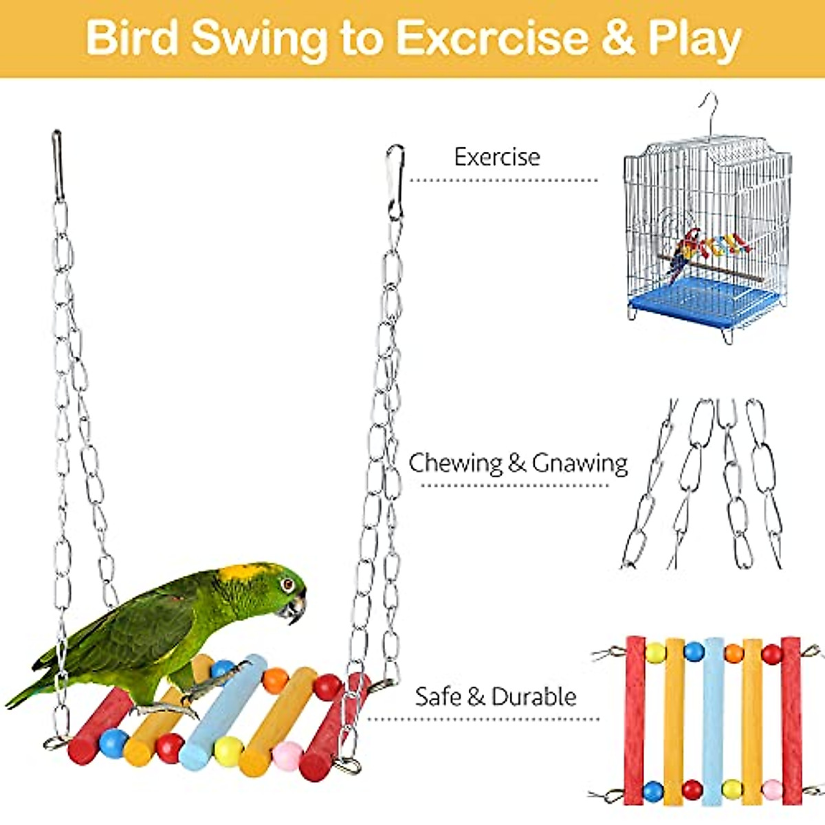 PrimePets Bird Parakeet Toys, Bird Cage Swing Toys, 13 Pack, Colorful Hanging Bell Hammock Climbing Ladder Toys for Cockatiel, Conure, Finches, Mynah, Love Birds