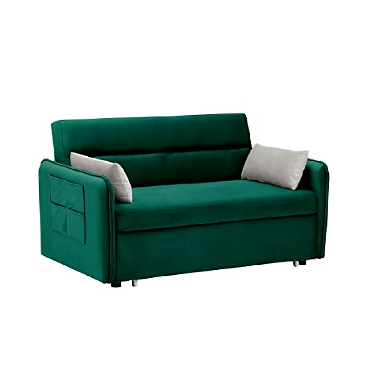 DHPM Pull Out Couch w/Headboard, 54" Modern Velvet Convertible Sleeper Love seat Sofa Bed with 2 Pillows & Detachable Side Pockets for Small Space, Living Room, Apartment, Green
