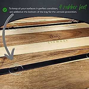 LIVMORE Large Round Wooden Tray Solid Serving with Handle Acacia Wood Circle Platter Decorative Charcuterie Cheese Board Oversized Ottoman Home Breakfast Tea Coffee Fruit Party Dinner