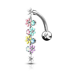 Pierced Owl Dangling Flowers with Opalite Crystals Top Down Belly Button Ring in 316L Stainless Steel (Silver Tone)