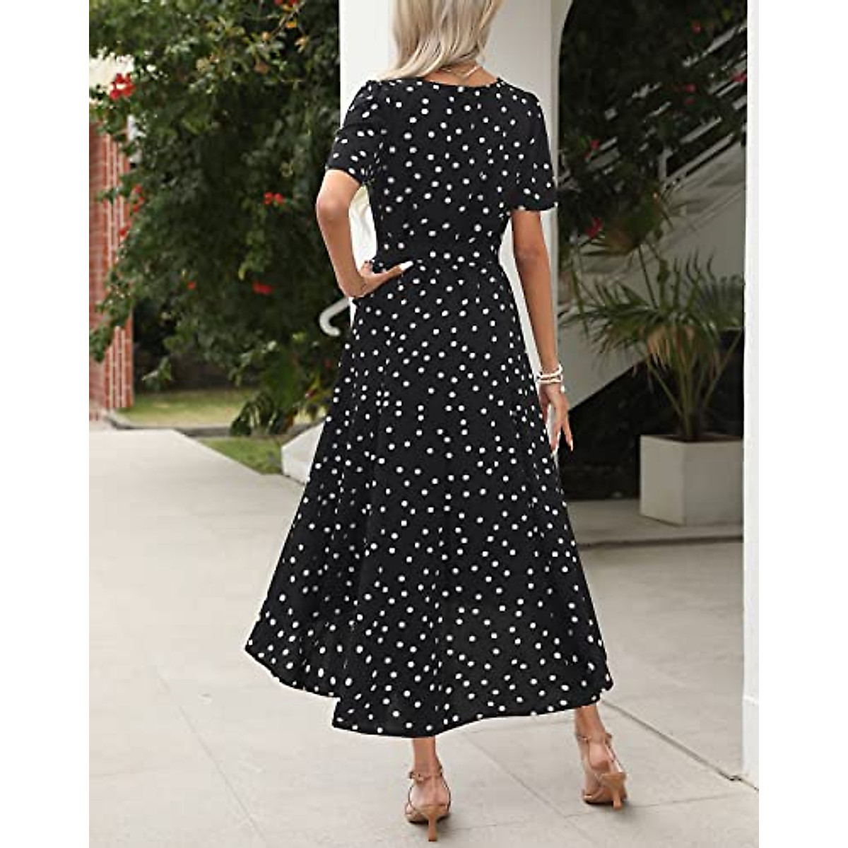Maggeer 2024 Spring Summer Dress for Women Short Sleeve Cute High Low Flowy Graduation Engagement Bridal Shower Beach Maxi Dress Black Polka Dot M