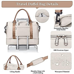Weekender Bags for Women, Personal Item Travel Bag with Shoes Compartment, Overnight Travel Duffel Bag with Wet Pocket & Trolley Sleeve,Gym Bag,Beige & Brown