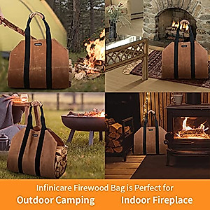 Infinicare Firewood Carriers with Handles - Heavy Duty Canvas Firewood Bag with Handles - Durable Wood Carrier for Firewood, Suitable for Indoor Fireplace and Outdoor Camping - Brown