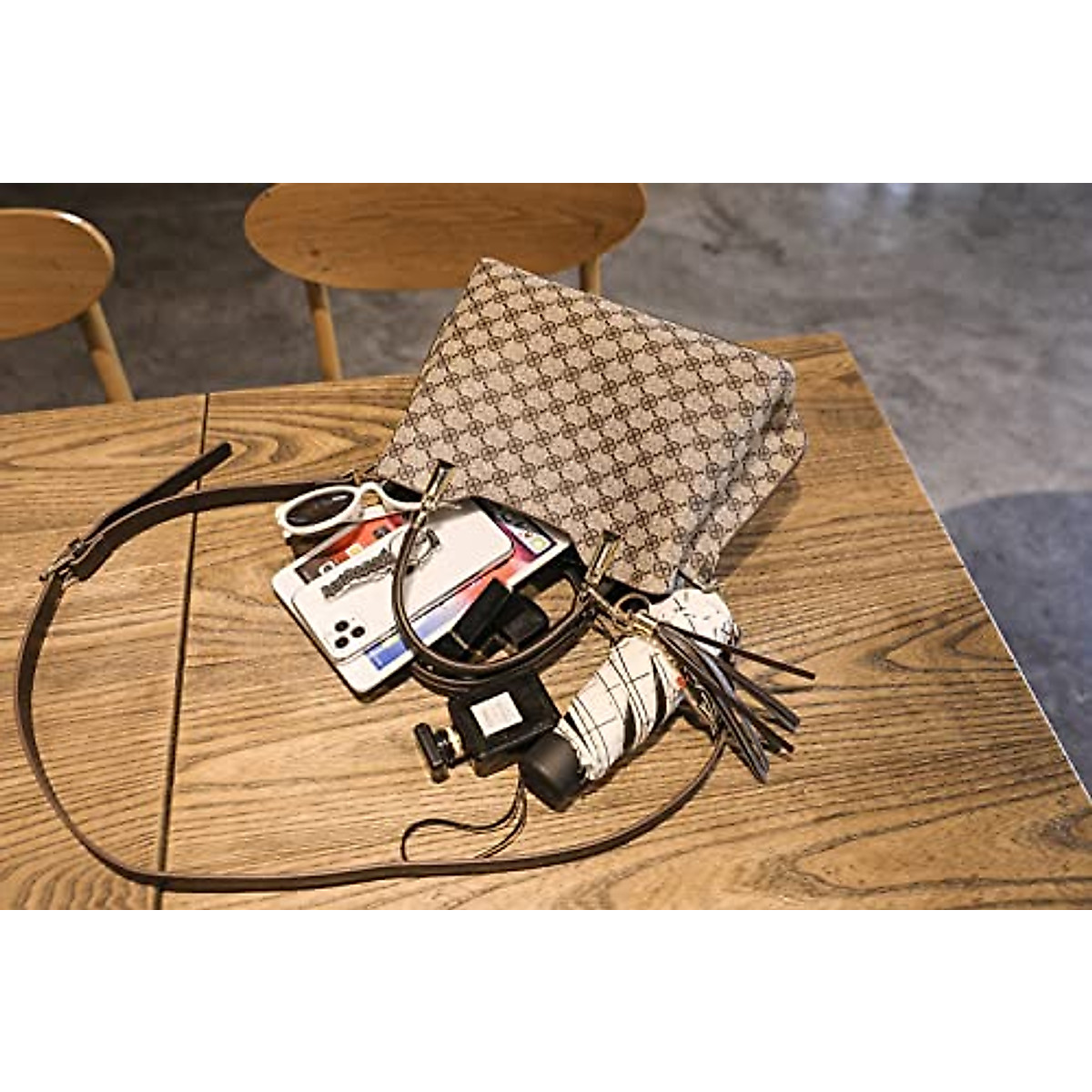 Eightown Beige Tote Bag for Women - Designer Top Handle Bag with Flowers Printing - High-capacity Shoulder Purse with Tassel Pendant(Brown strap)